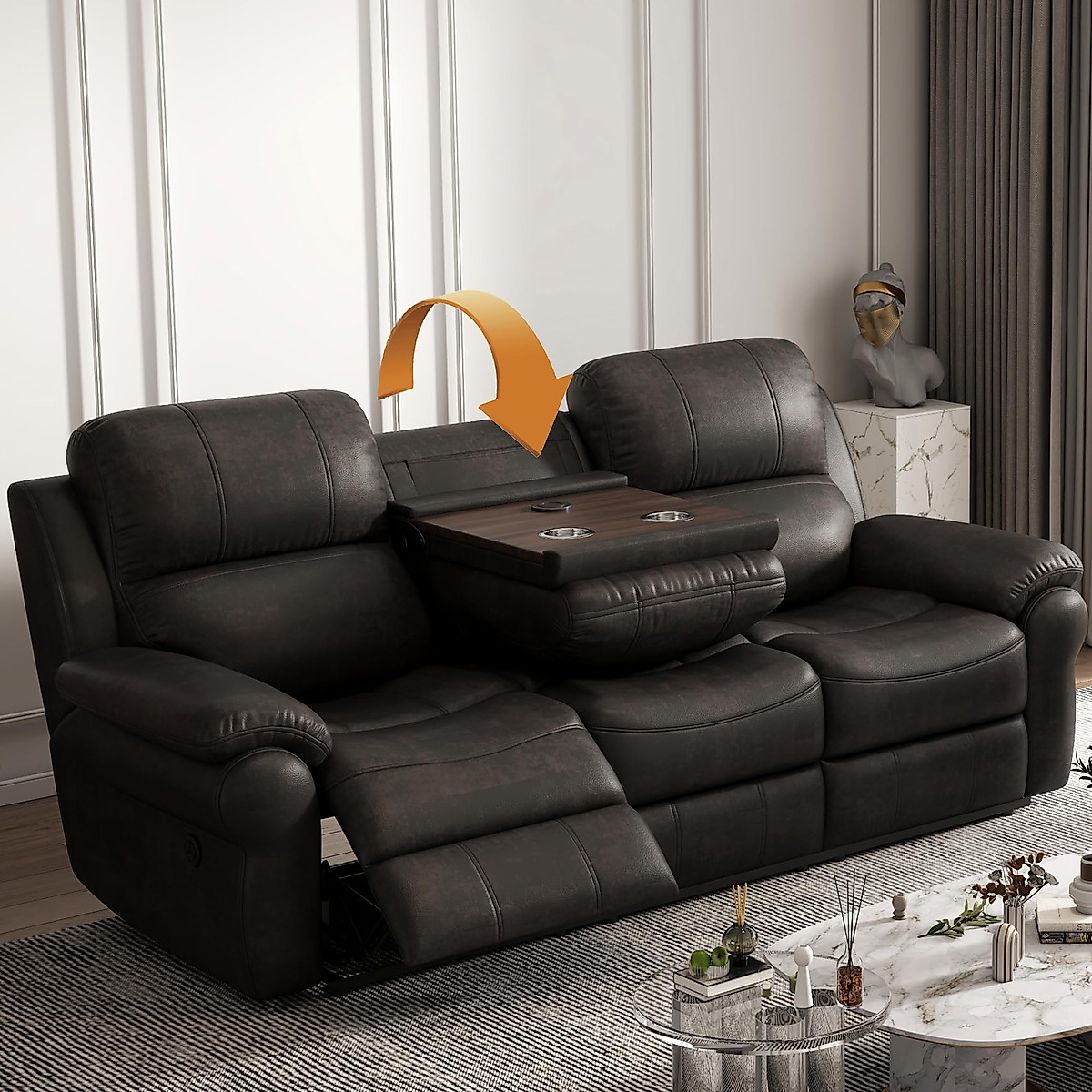 Olodumare Mid-Century Power Reclining Breathable Fabric Sofa for Living Room, with Drop Down Table, USB Button, Wireless Charger, Magazine Bag, Faux Leather Sofa (Espresso)