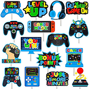 Video Game Cupcake Toppers 36pcs Game Party Cupcake Picks Game On Controllers Cake Picks Gamepad Birthday Party Decoration for Game Theme Baby Shower Supplies(Blue)