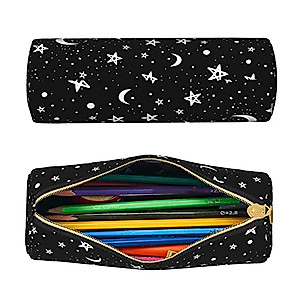 YANGDADA Black Moons White Stars Leather Cylinder Pencil Case, Pencil Pouch Medium Capacity Portable Multifunction Pen Bag For Girls Boys Kids Teen