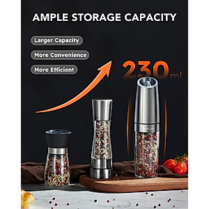 FORLIM Electric Salt and Pepper Grinder Set, Upgraded 9 Oz Large Capacity, Battery Operated Automatic Pepper Grinder Set, Easy to Fill, One Hand Operation, Stainless Steel(Silver)