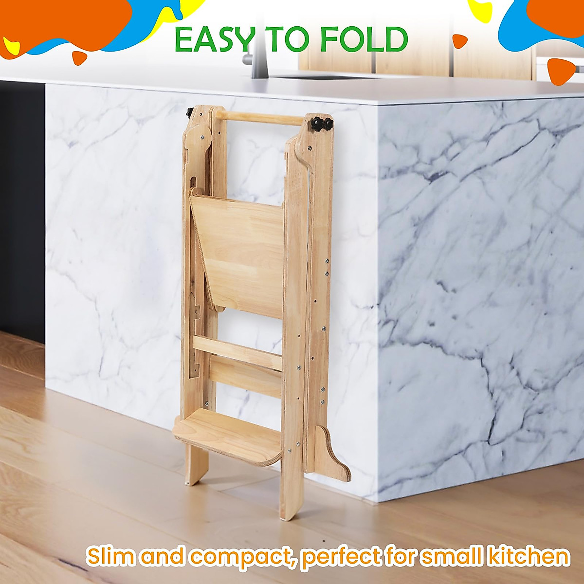 Toddler Tower Foldable - Kids Kitchen Step Stool with 3 Adjustable Heights & Safety Rail, Montessori Tower with Chalkboard for Learning, Standing Tower Helper Stool for Kitchen Counter Sink (Natural)