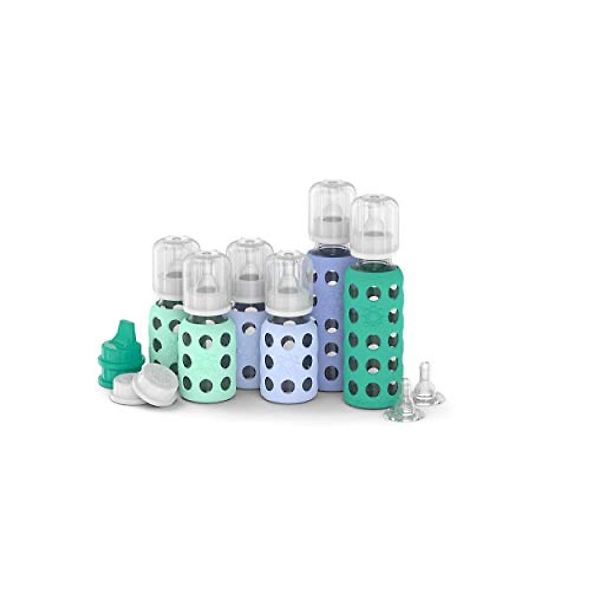 Lifefactory 6 Bottle Starter Set (4) 4-Ounce Baby Bottle in Mint/Blanket (2) 9-Ounce Baby Bottle in Kale/Blueberry (2) Flat Caps (2) Sippy Caps (2) Stage 2 Nipples, Mint/Blanket/Kale/Blueberry/White