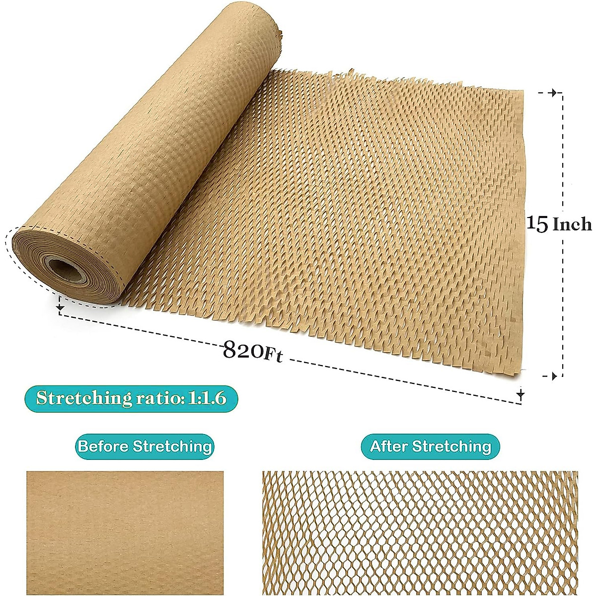 Eco Friendly Honeycomb Packing Paper, 15" x 820' Honeycomb Cushioning Wrap Roll for Moving Shipping Packaging Gifts, Recyclable Honeycomb Paper Moving Supplies Bubble Paper Wrapping Protective Roll
