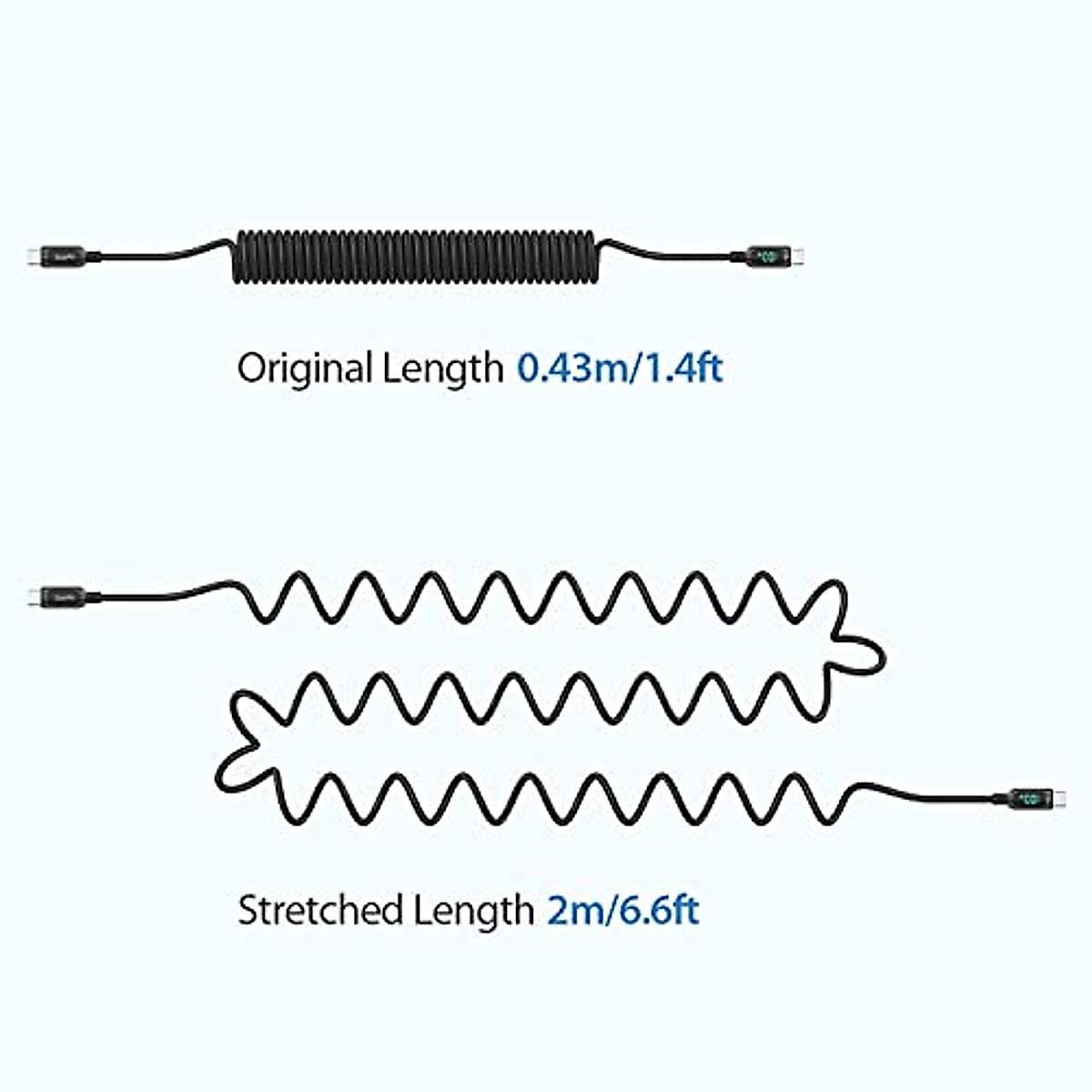 SooPii Coiled USB C Cable, 100W USB C to USB C Cable Fast Charge, 6FT Nylon Braided Type-C Cable with LED Display for lPad Air/lPad Pro, MacBook Pro, Samsung Galaxy S21,and other USB C Devices (Black)