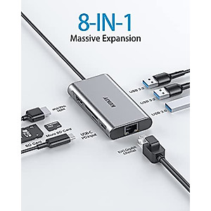 USB C Hub 8-in-1 with 4K HDMI, KUKIY Gigabit Ethernet, 3 USB 3.0, 100W PD Charging and SD&Micro SD Card Reader USB C Adapter Aluminum for MacBook Pro/Air (Thunderbolt 3)