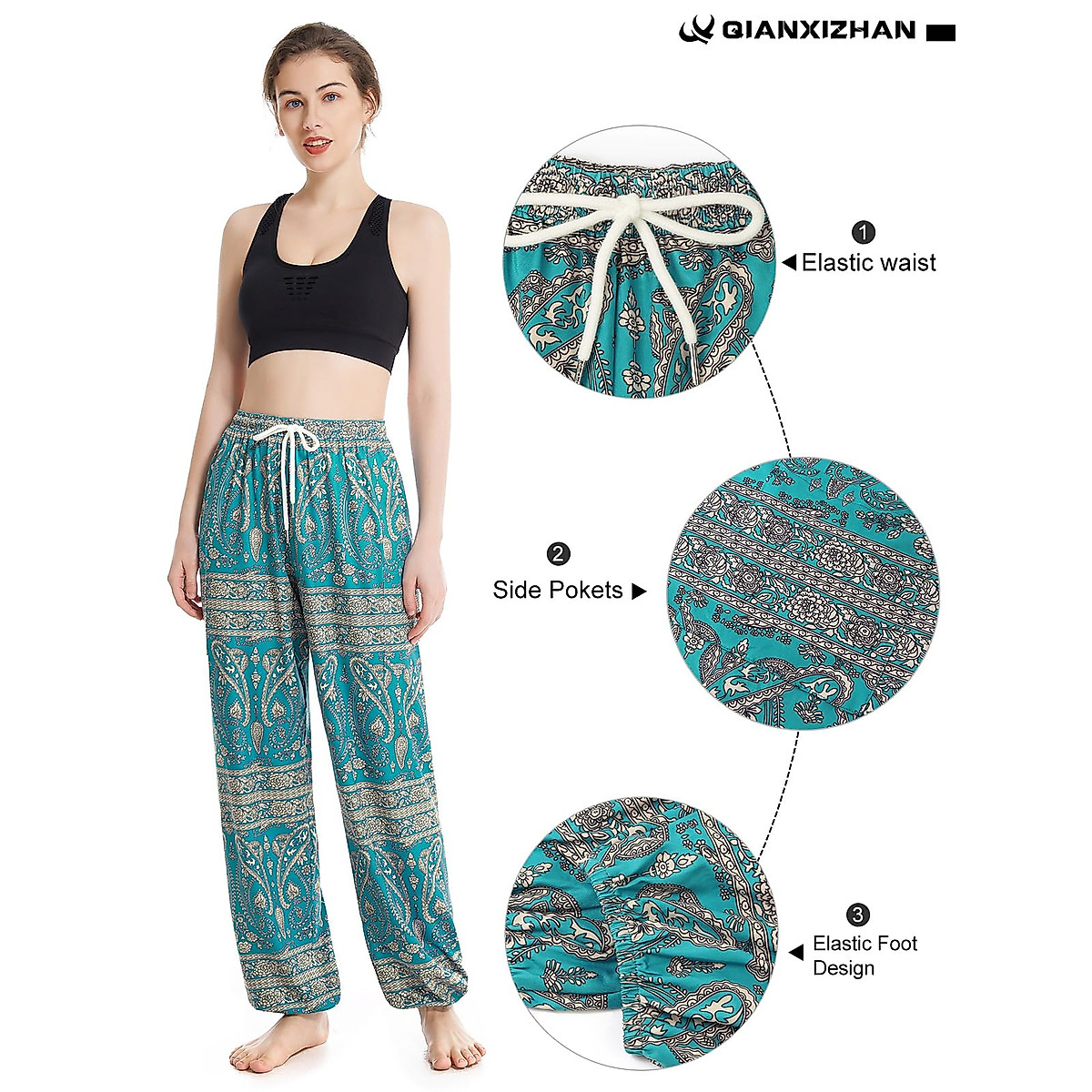 QIANXIZHAN Women's Harem Pants, Hippie Palazzo Pants Boho Joggers Yoga Clothes with Pockets Cyan Flower 2XL
