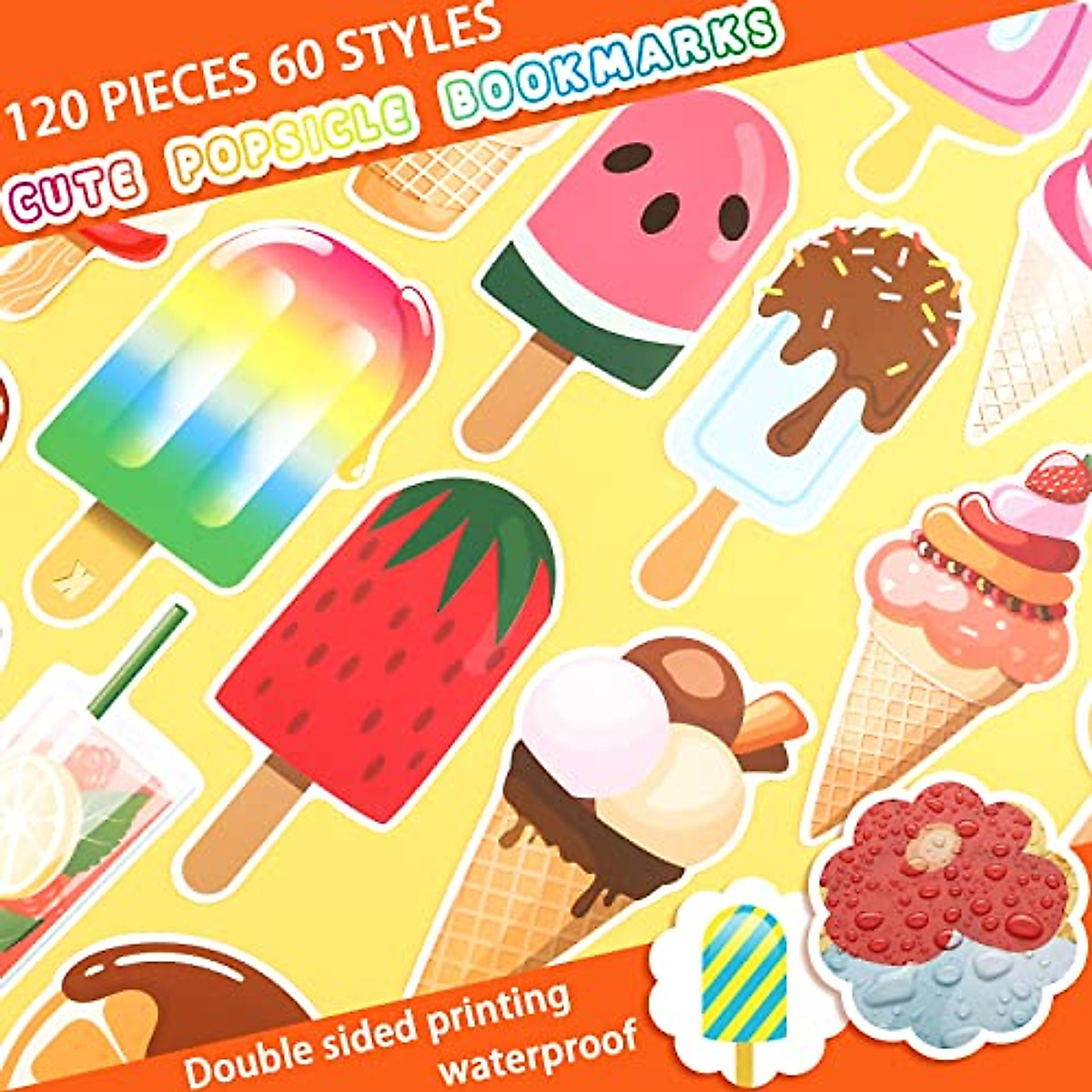 120 Pieces Summer Bookmarks for Kids Summer Ice Cream and Cold Drink Theme Bookmarks Double Sided Bookmarks Cute Colorful Bookmarks for Teachers Classroom Reward Back to School, 60 Styles