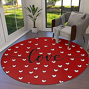 Indoor Large Round Area Rug for Living Room Kitchen Rug Happy Valentine's Day Sweet White Love Heart Romantic Love Anniversary Non-Slip Low-Profile Accent Throw Rug Carpet Runner Rug for Bedroom