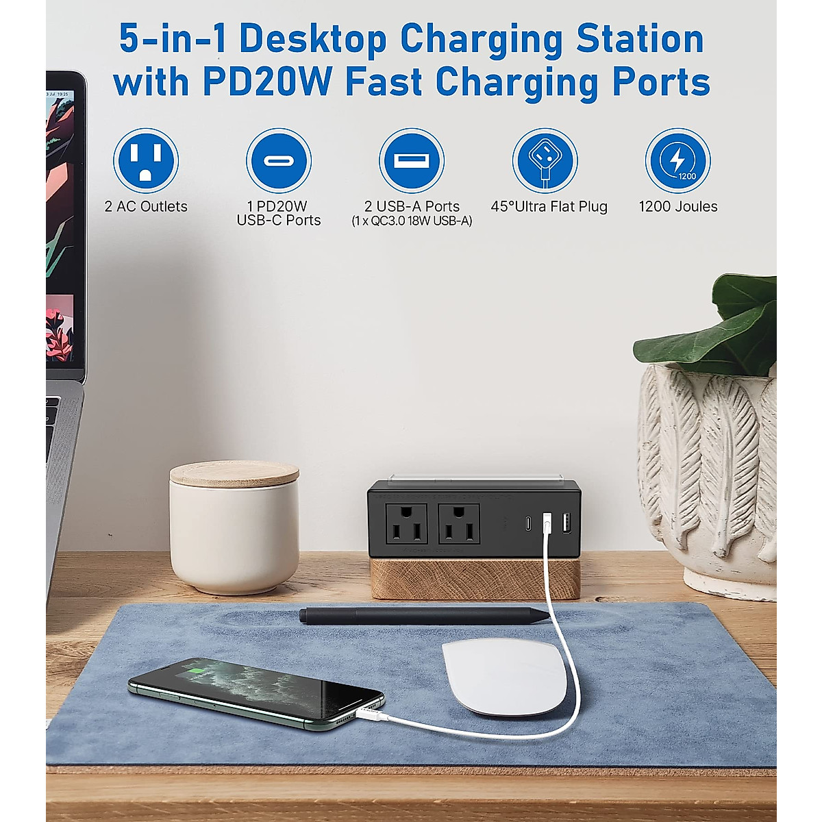 Under Desk Power Strip with PD20W USB-C QC18W USB-A,Ultra Thin Flat Plug Power Strip Surge Protector 1200J,Adhesive or Screw Wall Mount Power Strip,2 Outlets,1 USB-C,2 USB-A,6FT 18AWG Extension Cord