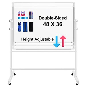 Rolling Magnetic Whiteboard 48" X 36",Mobile Whiteboard with Stand, Double-Sided & Height Adjustable White Board Dry Erase Board with Stand, Portable Standing Whiteboard On Wheels
