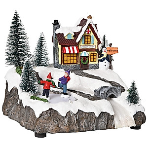 HOMCOM Christmas Village, Rotating Skating Pond Animated Winter Wonderland Set with Multicolored LED Light, Music, Fiber Optic, Battery-Operated Christmas Decoration