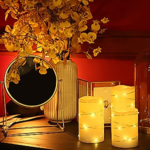 H-BLOSSOM Flickering Flameless Candles Ivory Real Wax Pillar with Embedded String Lights LED Candles Battery Operated with Cycling 5H Timer Set of 3 (3" x 4"/5"/6") (Ivory)