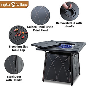 Sophia & William Gas Fire Pit Table 28 Inch 50,000BTU Square Outdoor Propane FirePits 2 in 1 Auto-Ignition Patio Fireplace for Outside with Lid and Blue Fire Glass, Black