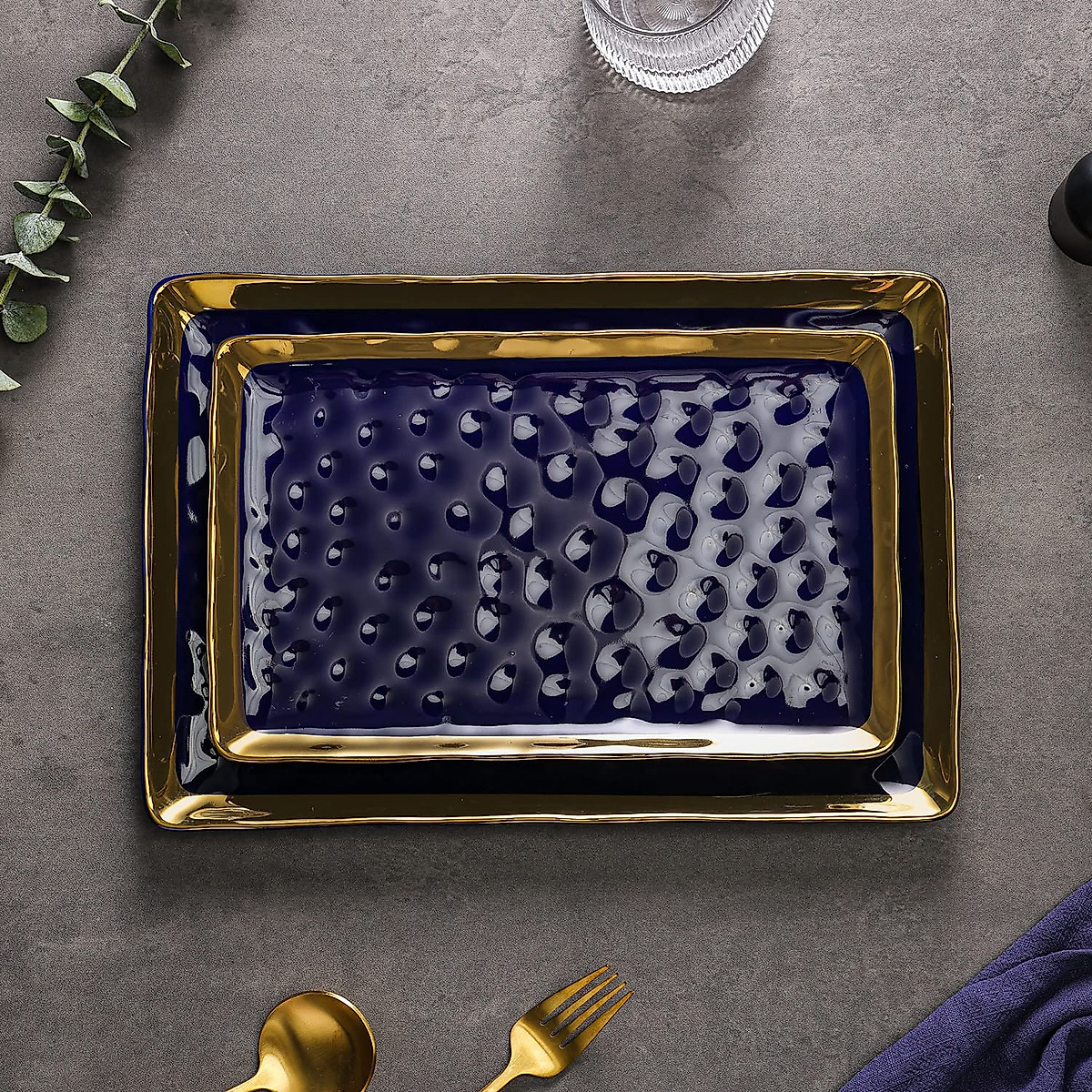 Stone Lain Florian Porcelain Large and Medium Rectangle Service Platters, Blue with Gold Rim