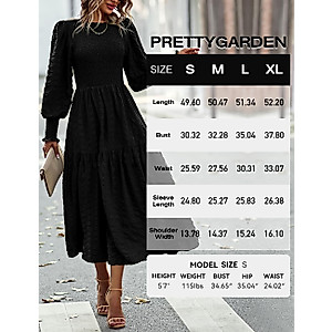 PRETTYGARDEN Women 2024 Puff Long Sleeve Crewneck Smocked Maxi Dress Solid Empire Waist Tiered A-line Swing Flowy Long Dress(Black,Medium)