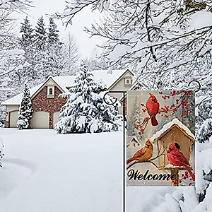 Artofy Welcome Winter Cardinals Red Birds Home Decorative Garden Yard Flag, Birdhouse Berries Tree Branches Outside Decor, Christmas Snow Farmhouse Outdoor Small Seasonal Decoration Double Sided 12x18