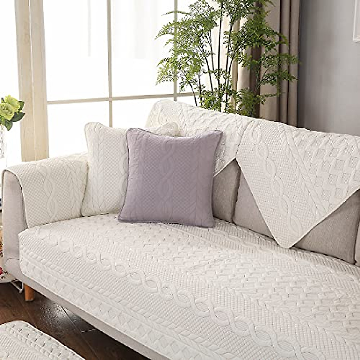 vctops Geometric Embroidery Cotton Couch Sofa Cover Farmhouse Sectional Couch Covers Sofa Slipcover for Dogs Cats Pet Love Seat Recliner Leather L Shaped, Armrest Backrest Cover (Cream,28"x82")