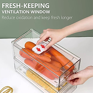 bealy 2 pack Refrigerator Organizing Bins with Drain Board Stackable Refrigerator Organizer Bins, Reusable Food Storage Containers, Fridge Drawer Organizer,Kitchen,Produce,Fruit,Vegetable