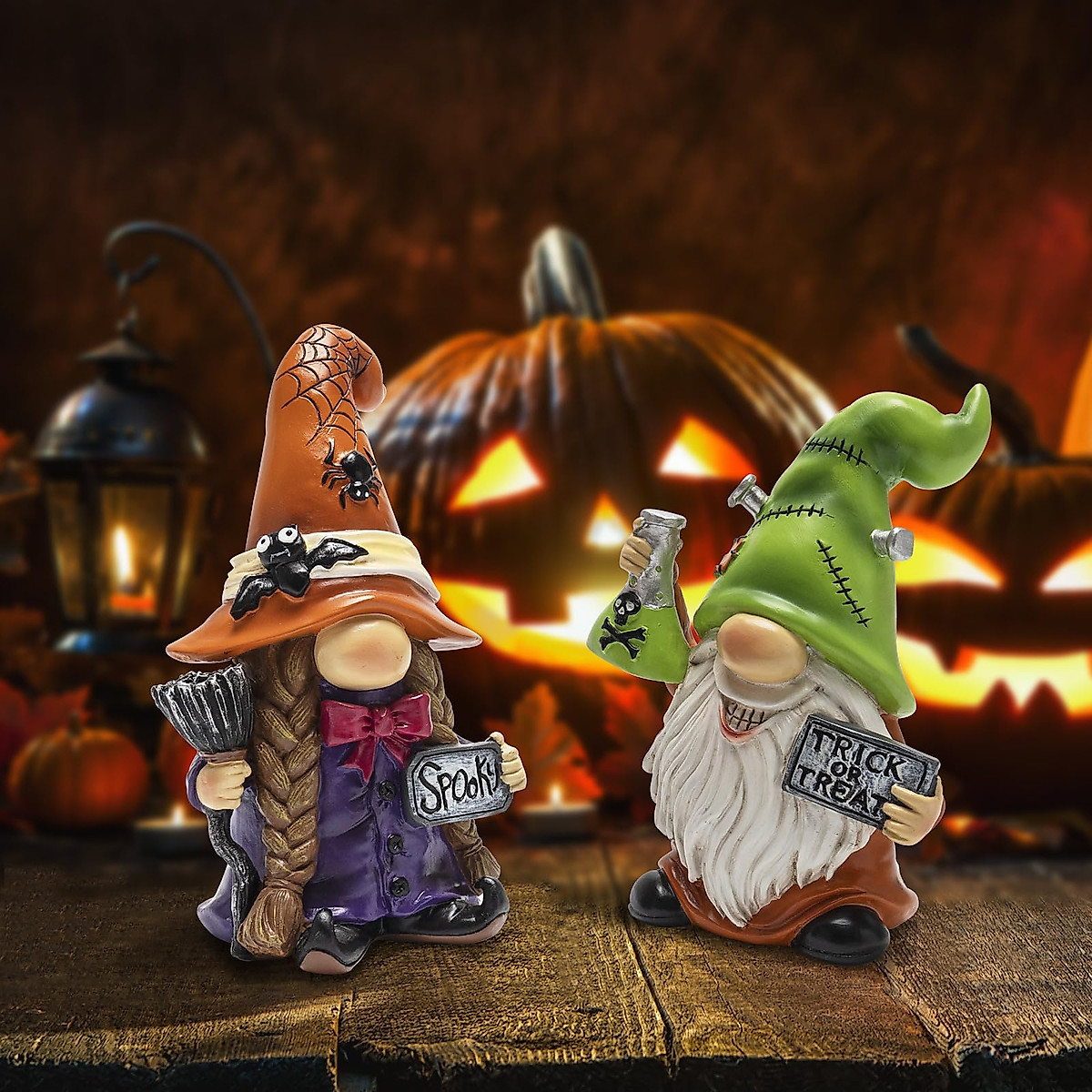 Geemuslly Halloween Gnomes Decorations Figurines Indoor Tiered Tray Table Top Centerpiece Mantle Office Desk Shelf Resin Witch Elf Decor Small Statues Home Ornaments Gift