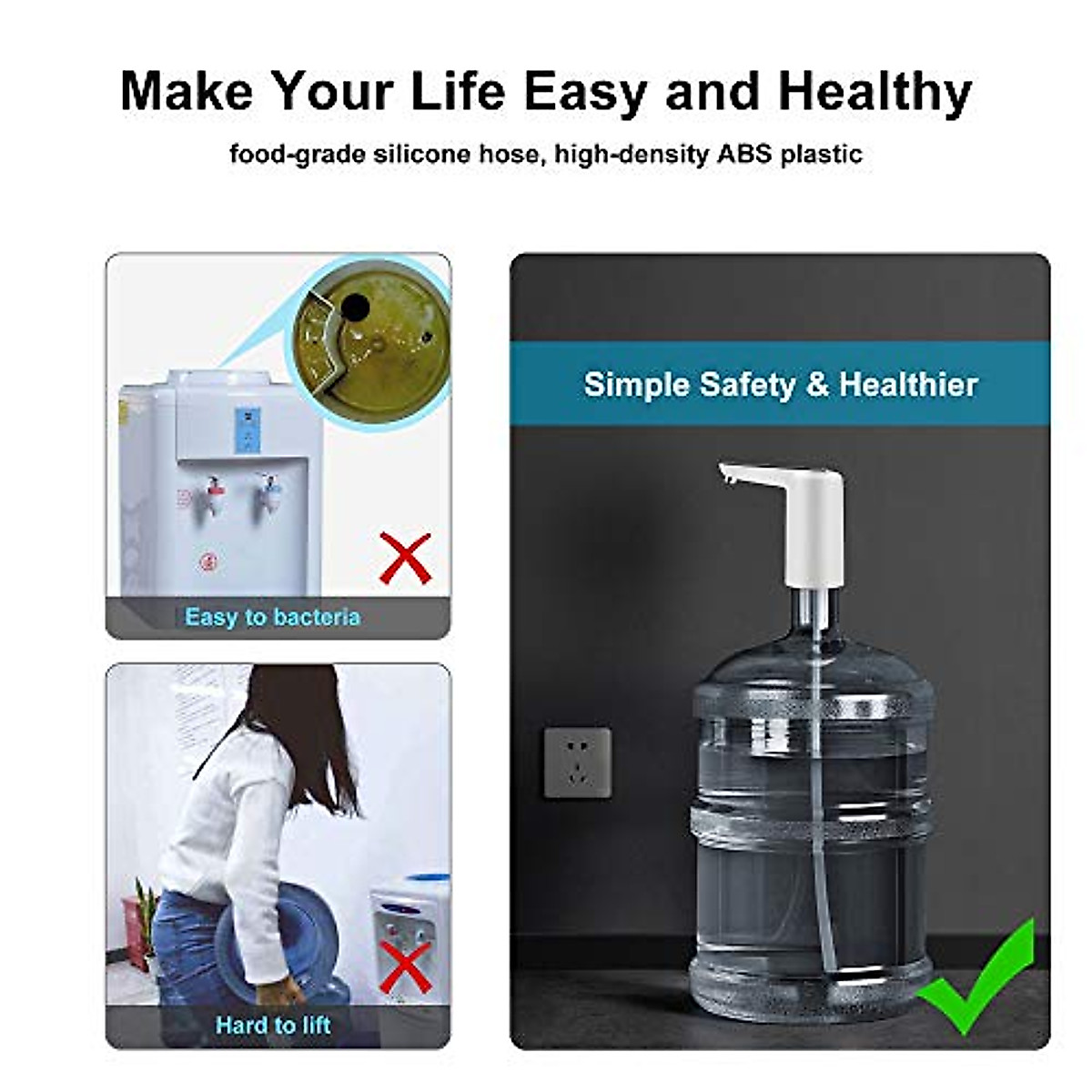 Electric Water Bottle Pump, Maypott Water Jug Pump for 3-5 Gallon Bottle Build-in TDS Water Quality Tester USB Charging Low Noise Portable Drinking Water Dispenser for Camping Outdoor (White)