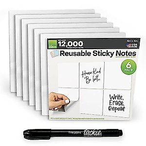 M.C. Squares Dry Erase Reusable Sticky Notes | 4x4 Stickies 6-Pack | 2-Year Re-Stickable & Erasable Post Notes | Smudge-Free Tackie Marker | USA Made
