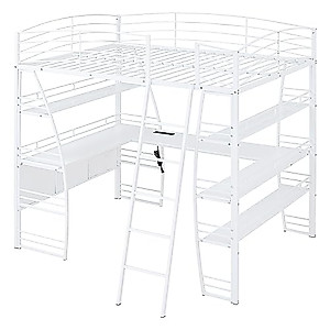 HAUSHECK Full Size Loft Bed with L-Shaped Desk & 4-Tier Open Shelves & Sockets & USB Ports & Wireless Charging Design, Sturdy Metal Bedframe w/Ladder & Safety Guardrails for Kids Teens Adults