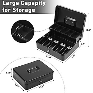 KYODOLED Locking Cash Box with Lock,Money Box with Cash Tray,Lock Safe Box with Key,Money Saving Organizer,11.81Lx 9.45Wx 3.54H Inches,Black XL Large