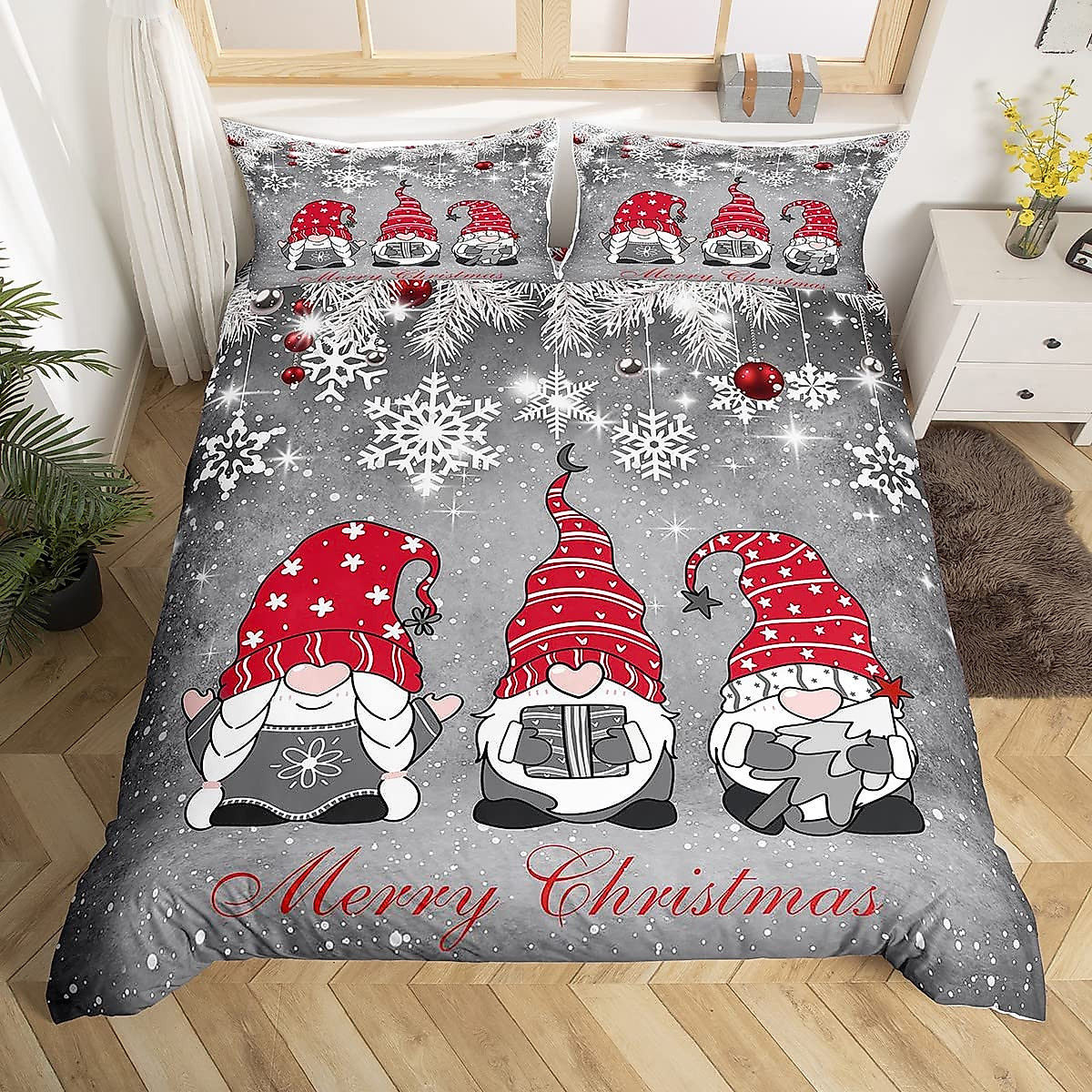 Christmas Gnomes Duvet Cover, Xmas Theme Comforter Cover For Kids Boys Girls Teens Adult, Santa Claus Snowflake Bell Bedding Set Merry Christmas Bedspread Cover With 2 Pillow Cases, Grey, Queen