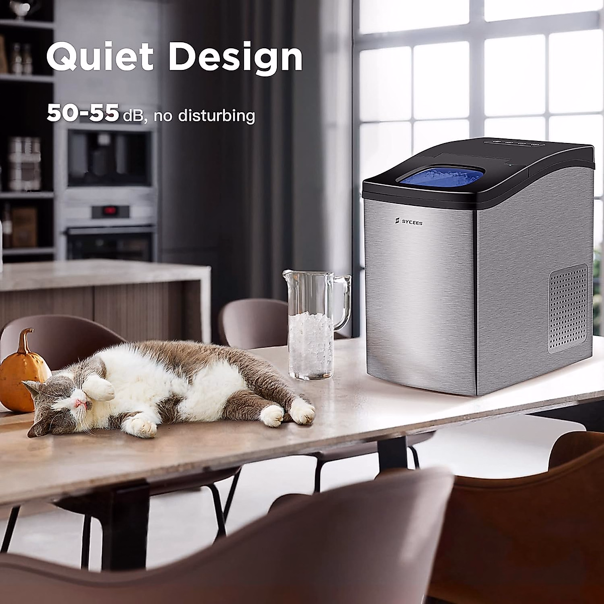 SYCEES Nugget Ice Maker for Countertop, 33lbs/24h, Sonic Ice Ready in 10 Mins, 5lbs Ice Storage, Self-Cleaning Function, Touch Control, Stainless Steel Pellet Ice Machine for Home Kitchen, Bar, Office