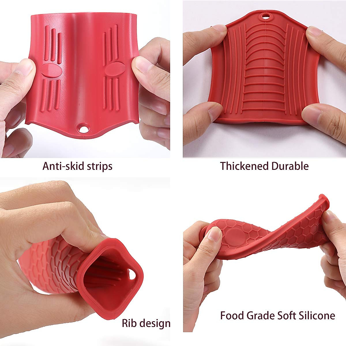 HZMM 4 Pack Silicone Hot Handle Holder, Assist Pan Handle Sleeve Pot Holders Cast Iron Skillets Handles Grip Covers Nonslip Heat Resistant for Pots Enameled Casserole Metal Frying Pans Cookware, Red