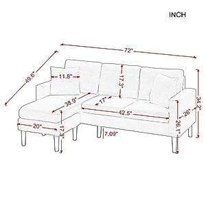 FANCUF 72" Sectional Sofa Left Hand Facing with 2 Pillows Suitable for Liveing Room Dark Grey Fabric