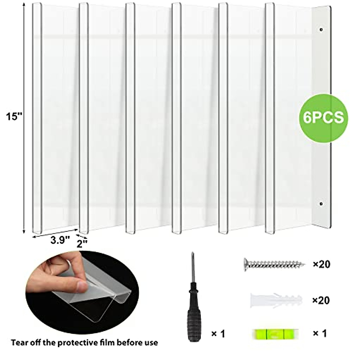 Fixwal Acrylic Shelves, 15 Inch Floating Wall Mounted Shelves, Clear Funko Pop Display Case, Invisible Bookshelf, Wall Decor for Kids and Bathroom Storage, Set of 6