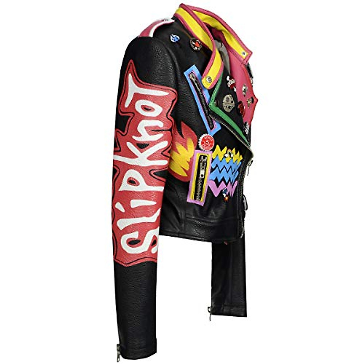 LC WANCHENG GLOBAL TRADE Women's graffiti black sexy motorcycle jacket cartoon print short punk leather jacket (Black, 4XL)