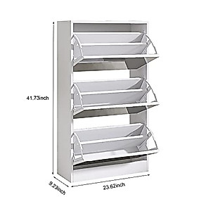Veemuaro Shoe Cabinet, 3 Flip Drawers Free Standing Shoe Rack with with Mirror, White Wood Slim Shoe Storage Cabinet for Entryway, Hallway, and Corridor, Holds 18 Pair Shoes