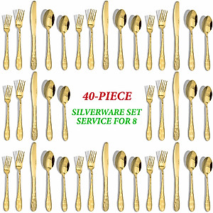 Gold Silverware Set for 8, 40-Piece Flatware Set Stainless Steel with Titanium Colorful Plated Cutlery Kitchen Utensil Flatware Set Service for 8, Knife/Fork/Spoon & Long Teaspoon/Salad Fork (Gold)