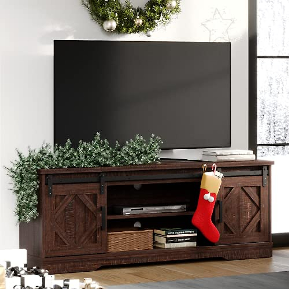 WAMPAT Farmhouse TV Stand Modern Sliding Barn Door Entertainment Center for TVs Up to 65 inch, Wood TV Media Console Table Cabinet Storage for Living Room, Rustic Brown