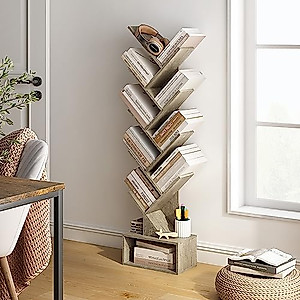 Tajsoon 9 Tier Tree Bookshelf with Drawer Bookcase, Floor Standing Book Storage Rack, Tall Bookshelf for CDs/Books/Movies, Bookshelf Organizer for Bedroom, Living Room, Home Office,Greige