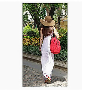 QTKJ Soft Large Straw Shoulder Bag with Brown Charm Leather Tassels, Boho Leather Handle Tote Retro Summer Beach Bag Rattan Handbag (Red)