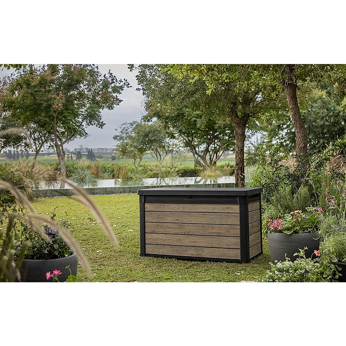 Keter Ashwood 100 Gallon Resin Deck Box Organization and Storage for Patio Furniture Outdoor Cushions, Throw Pillows, Garden Tools and Pool Toys, Brown