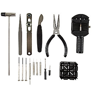 Stalwart - 75-WRTK16 16 Piece Watch Repair Kit- DIY Tool Set for Repairing Watches Includes Screwdrivers, Spring Bar Remover, Tweezers, Link Remover and More Black, Silver