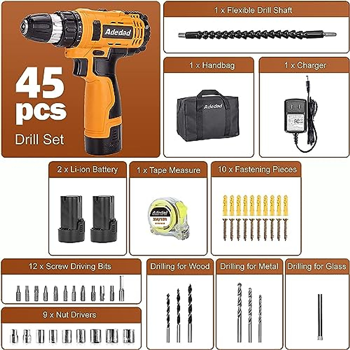Adedad 12V Cordless Drill Set Electric Power Drill with 2 Batteries and Charger, 3/8 Inch Keyless Chuck, 300 In-lbs Torque, 21+1 Position, 2 Variable Speed, LED Light and 43pcs Accessories