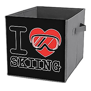 I Love Skiing Foldable Storage Bins Printd Fabric Cube Baskets Boxes with Handles for Clothes Toys, 11x11x11