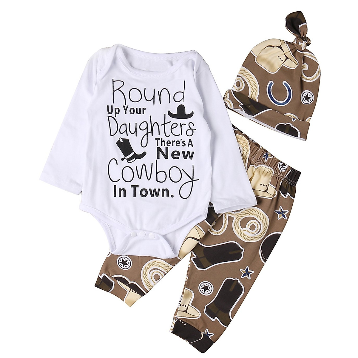 Lily.Pie Newborn Baby Boys Funny Bodysuits with Leggings Caps 3pcs Outfit Clothes (3-6M, Brown)