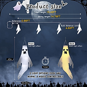 4 Pcs 45 Inch Halloween Hanging Ghost Decorations Outdoor Ghost Windsock Outsider Waterproof Timed Hanging Ghost Decorations Remote Control String of Lights Tree Ghost (Warm and Cold Lights)