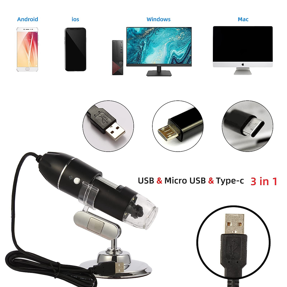 USB Digital Microscope, Handheld 50X-1600X Magnification Endoscope,8 LED Mini Video Camera for Windows 7/8/10 and Mac Linux Android
