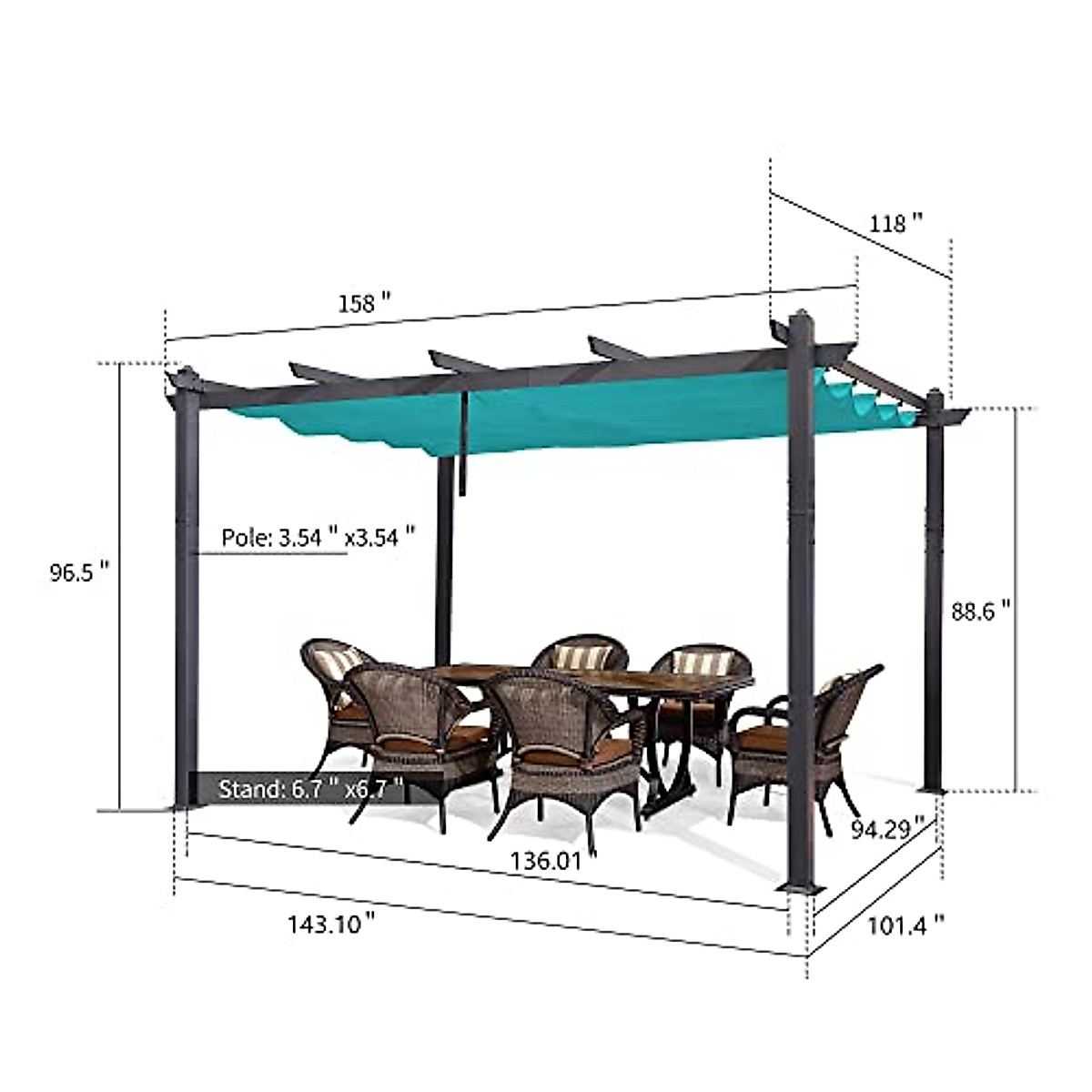 PURPLE LEAF 10' X 13' Outdoor Retractable Pergola with Sun Shade Canopy Patio Metal Shelter for Garden Porch Beach Pavilion Grill Gazebo Modern Yard Grape Trellis Pergola, Turquoise Blue