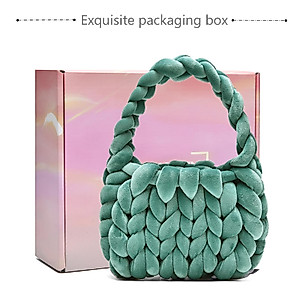 Handwoven Tote Bags for Women Chunky Yarn Knit Shoulder Bag Handmade Braided Purse(Dark Green)