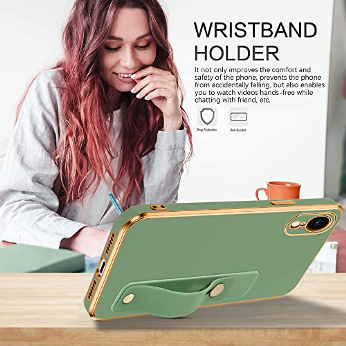 VENINGO iPhone XR Case, Phone Cases for iPhone XR,Slim Fit Soft TPU Rubber with Adjustable Wristband Kickstand Scratch Resistant Shockproof Protective Cover for Apple iPhone XR 6.1 Inch, Matcha Green