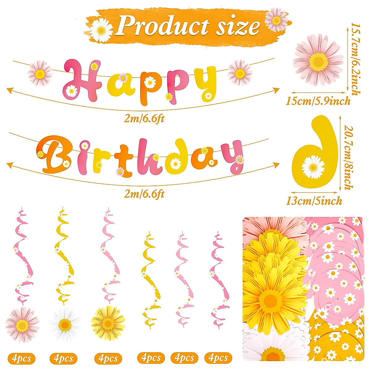 SUNBEAUTY Flower Daisy Birthday Party Decorations Groovy Party Decorations Boho Happy Birthday Party Decorations Daisy Hanging Swirls Retro Hippie Party Party Supplies Baby Shower