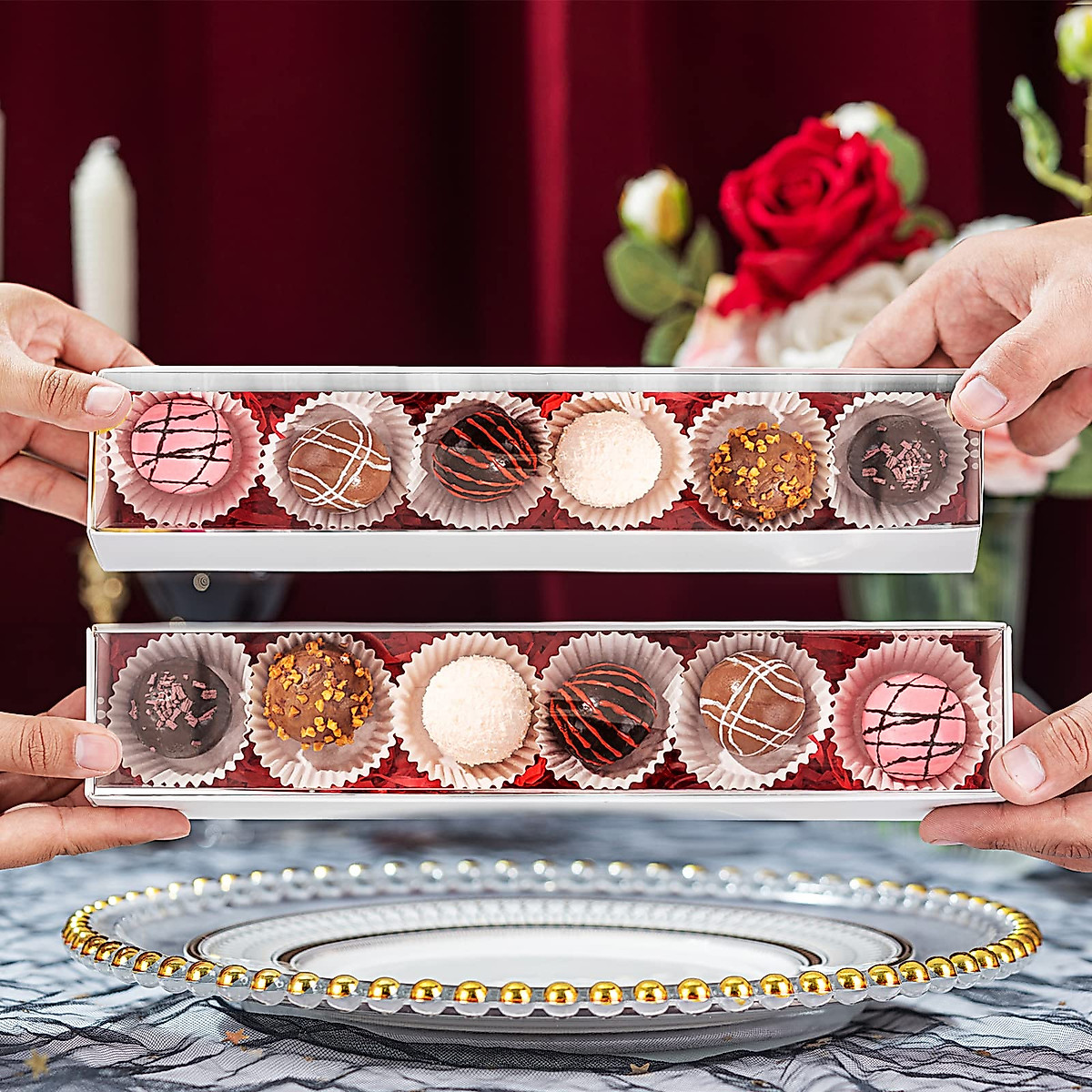 RomanticBaking 50PCS 9" × 1 1/2" × 1 1/2" Inch,Clear Chocolate Boxes Truffle Boxes Bakery Boxes with Full Window Drawer Boxes Pretzel Boxes Wedding Favors Party Boxes